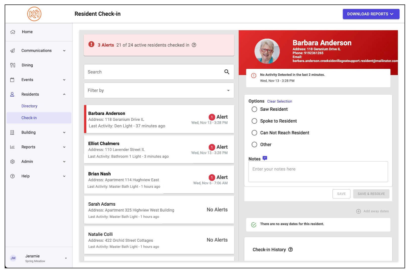 How to manage Resident Check-in alerts