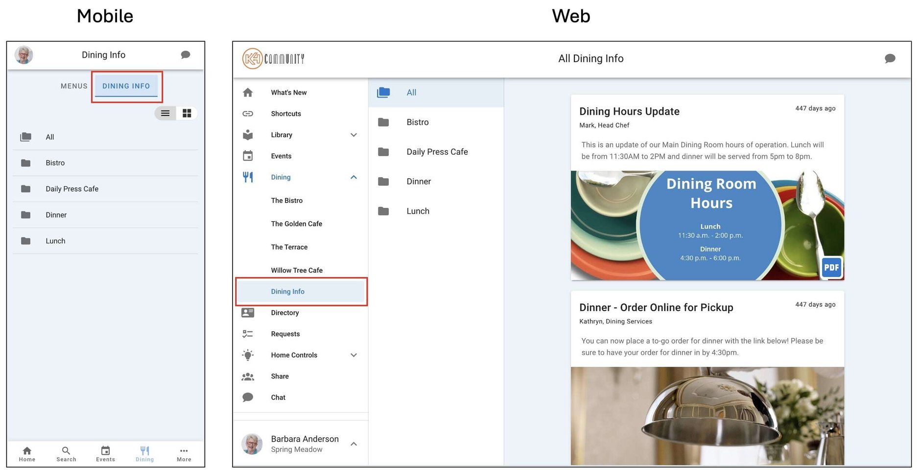 How to view restaurants and menus in K4Community Plus